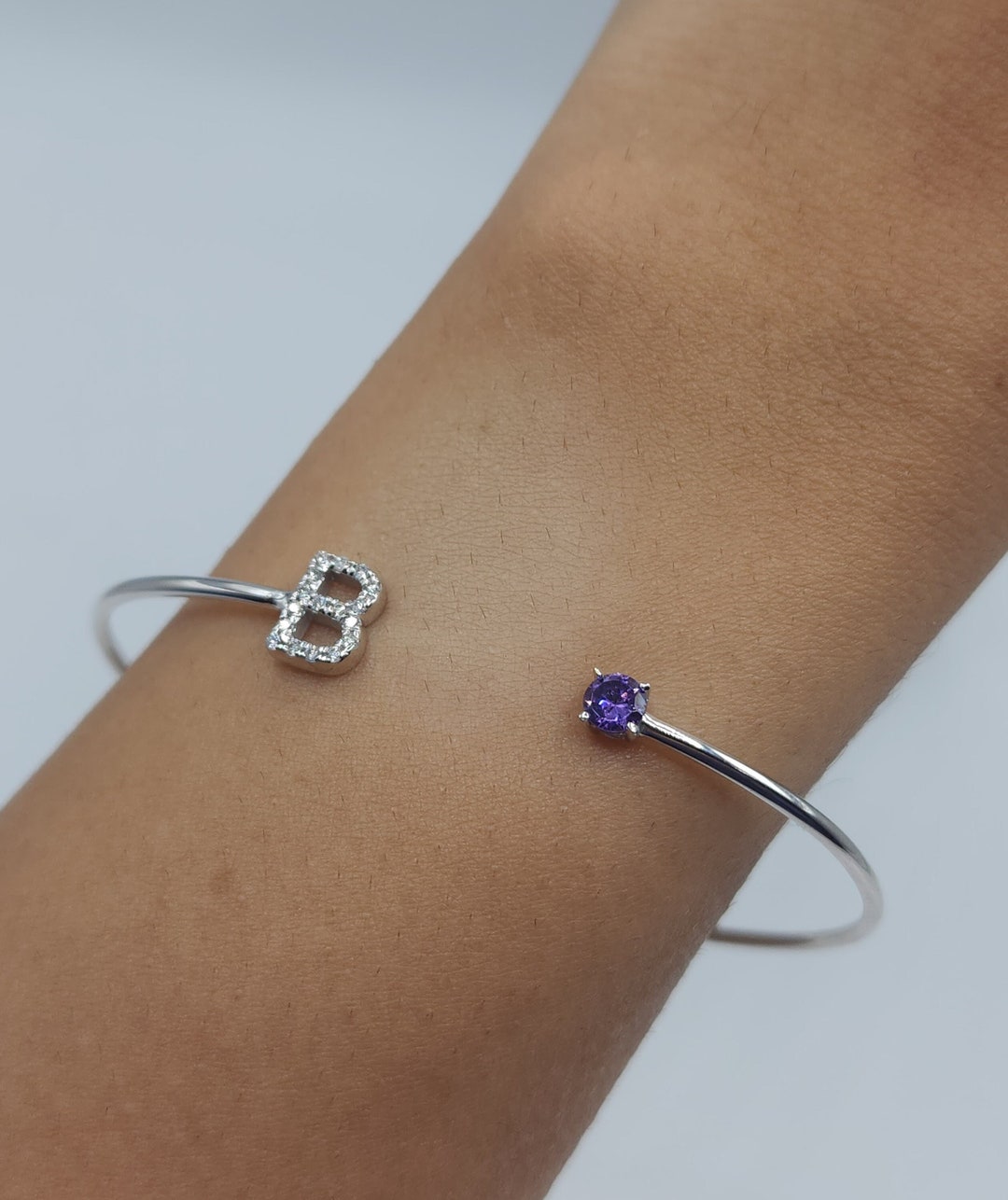 14K Gold Initial Diamond Letter Bangle, Natural Diamond Bracelet, Open ...