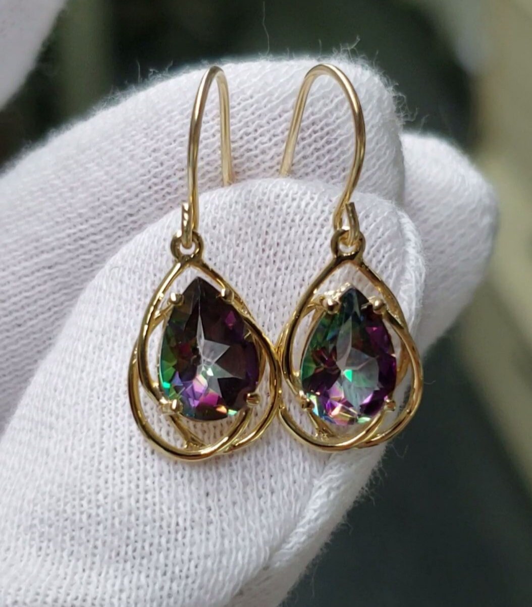 14K Gold Mystic Topaz Earrings Natural Mystic Topaz Gold | Etsy