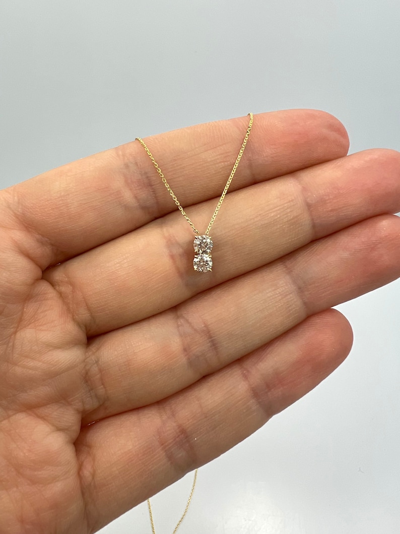 14K Gold Diamond Necklace 2 Stone Diamond Necklace Real - Etsy