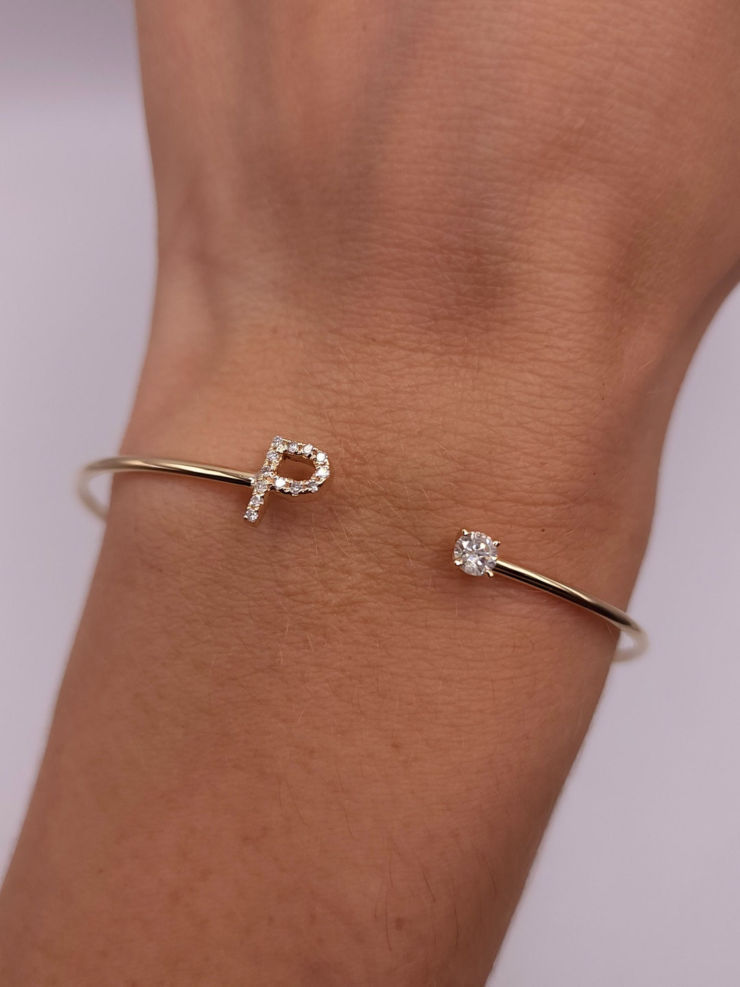 14kt Gold Initial Diamond Bangle, Letter Bracelet, Initial Bracelet ...