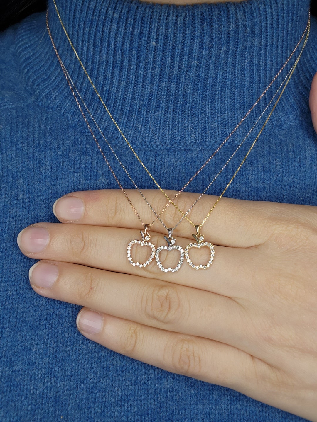 14kt Gold Diamond Apple Necklace, Lab Grown Diamond Pendant, Open Apple ...