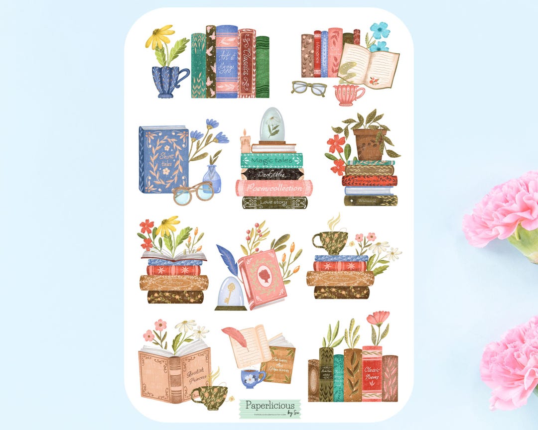 Book Reading Sticker Sheet, Book Stickers, Flower Stickers, Bookworm ...