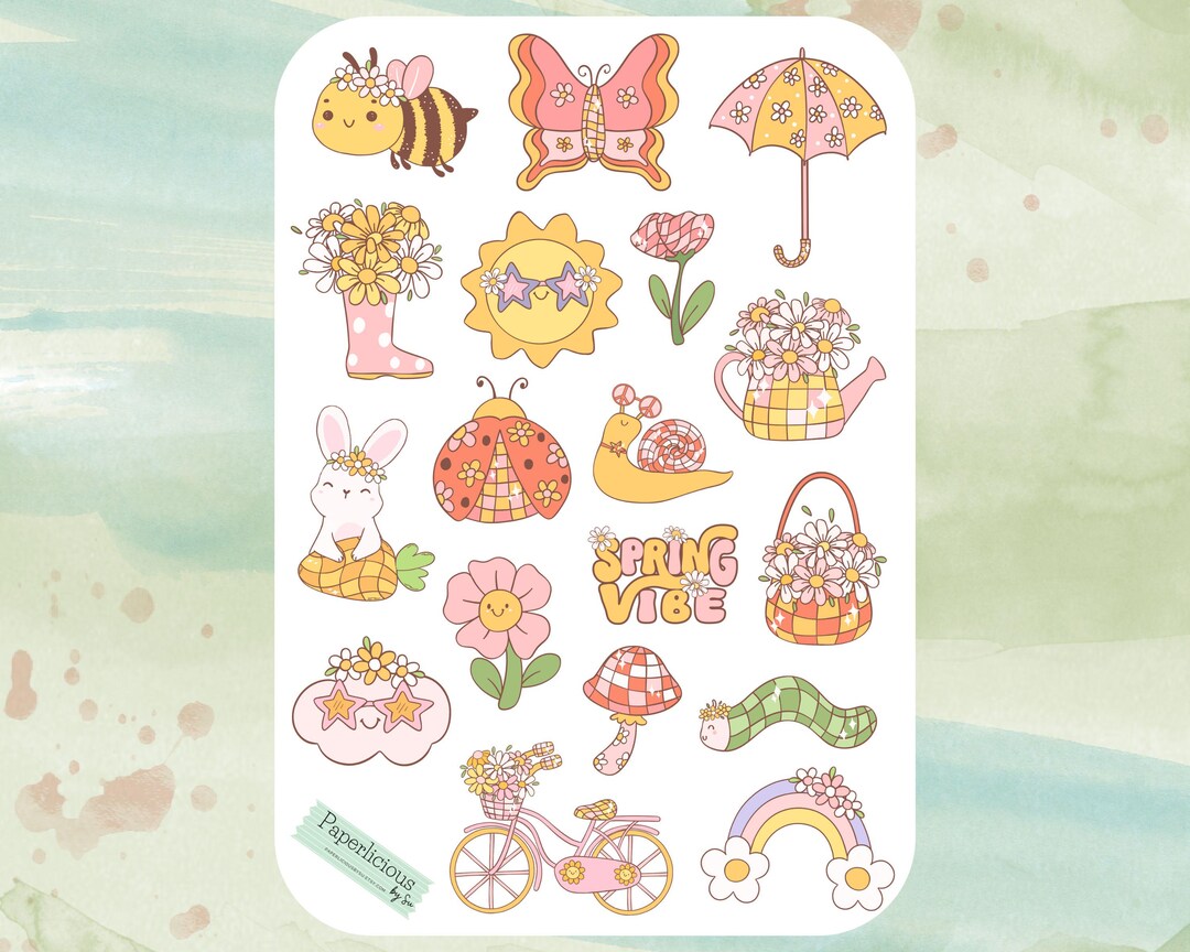 Retro Spring Sticker Sheet, Groovy Spring Stickers, Cute Flowers ...