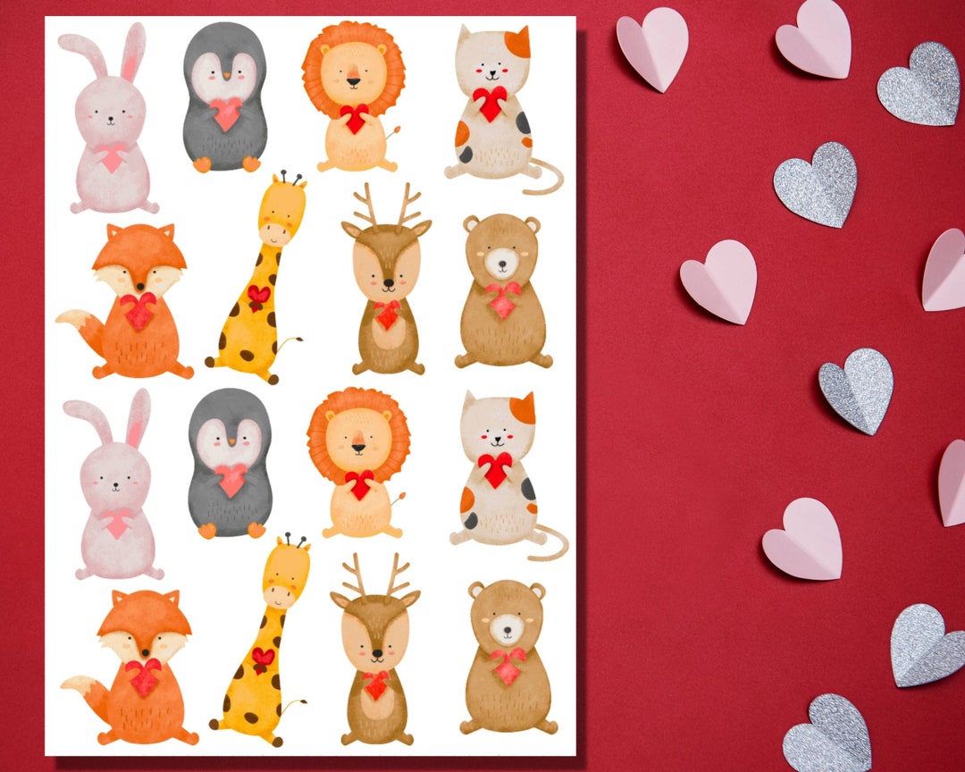 Cute Animal Valentine's Day Sticker Sheet, Animal Valentine Sticker ...