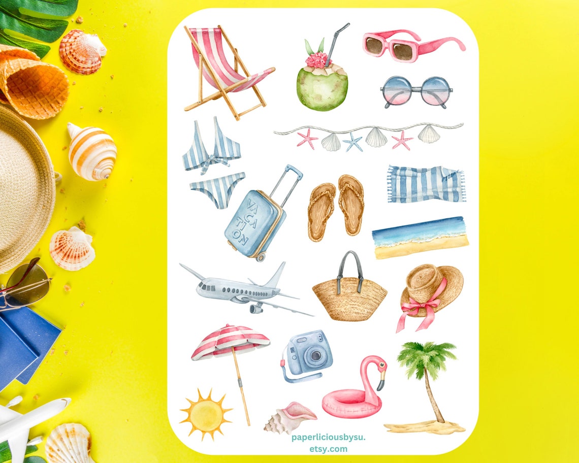 Summer Vacation Sticker Sheet, Travel Stickers, Beach, Holiday ...