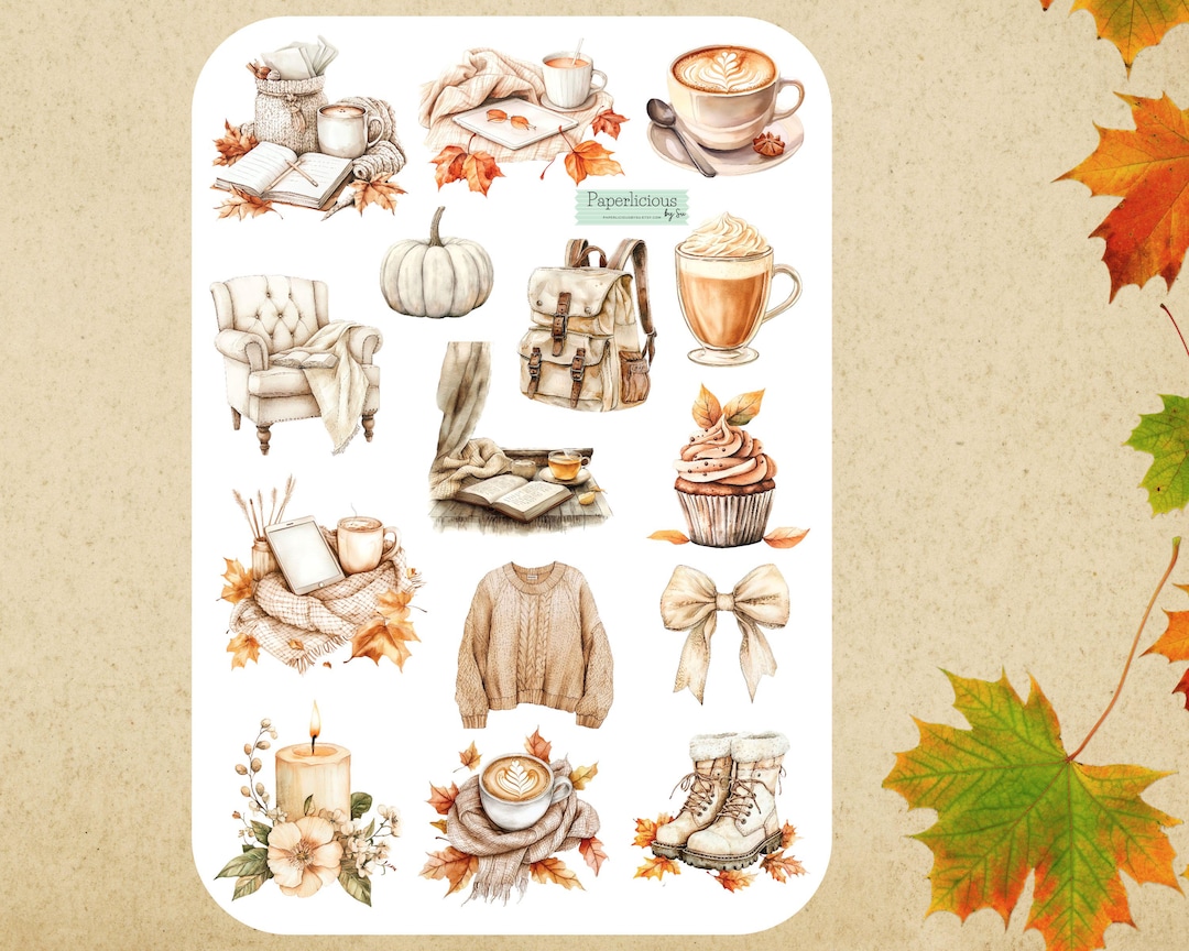 Cozy Fall Sticker Sheet, Beige Autumn, Book Stickers, Bookworm, Book ...