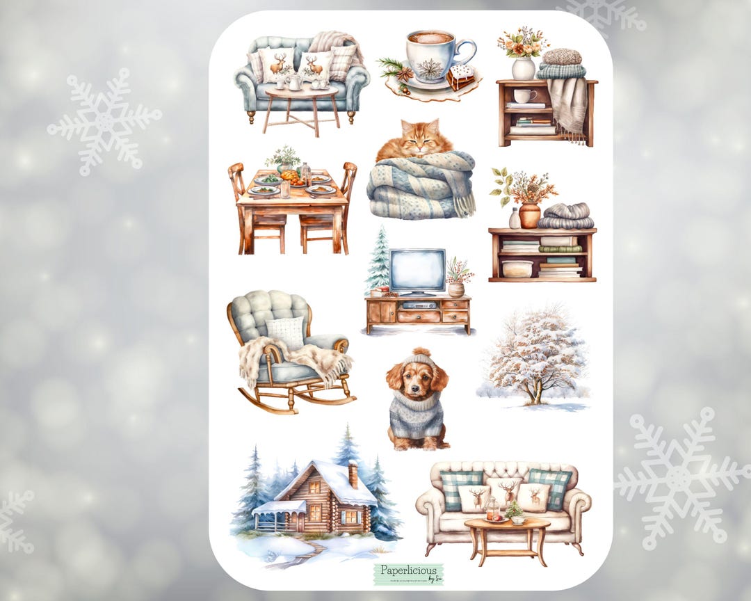 Cozy Winter Cabin Sticker Sheet, Holiday, Forest, Hygge, Snow ...