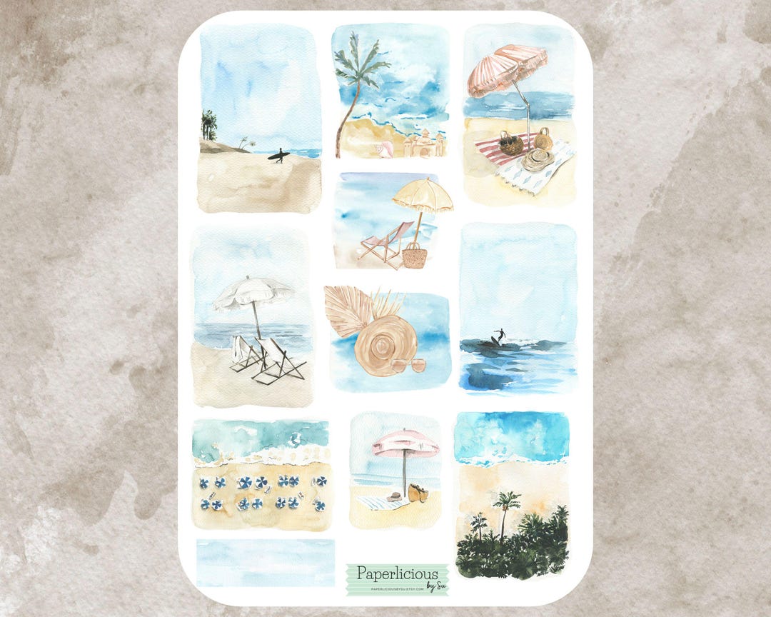 Watercolor Beach Scene Sticker Sheet, Beach Stickers, Summer, Vacation ...
