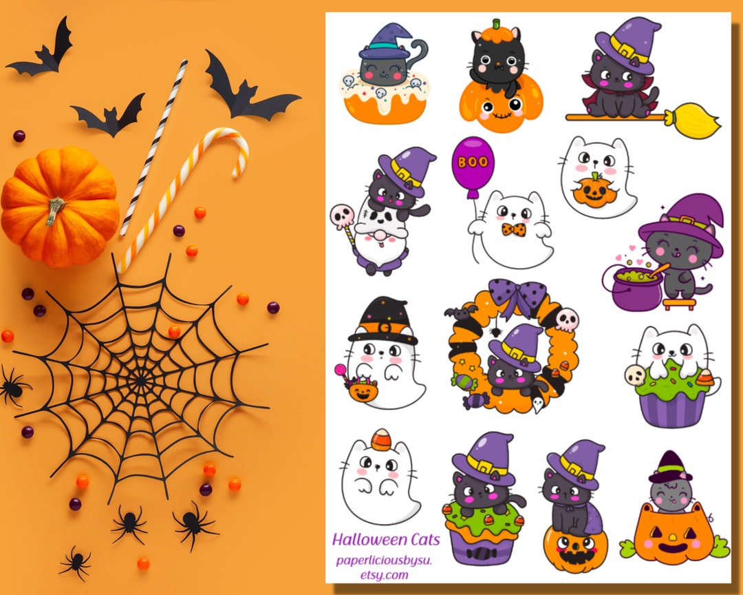 Cute Halloween Cat Sticker Sheet, Halloween Sticker Sheet, Cat Stickers ...