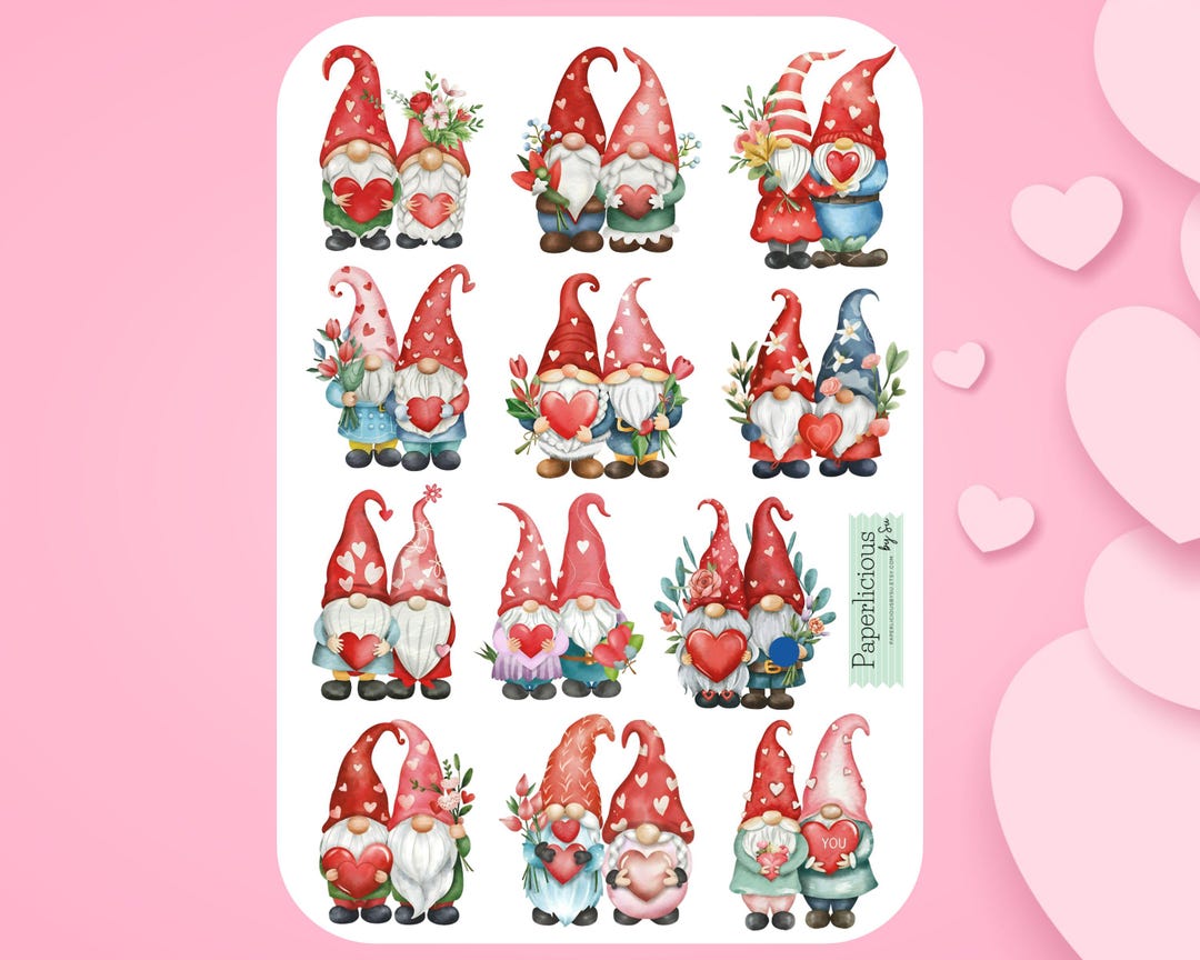 Valentine's Day Gnome Sticker Sheet, Valentine's Day Stickers, Cute ...