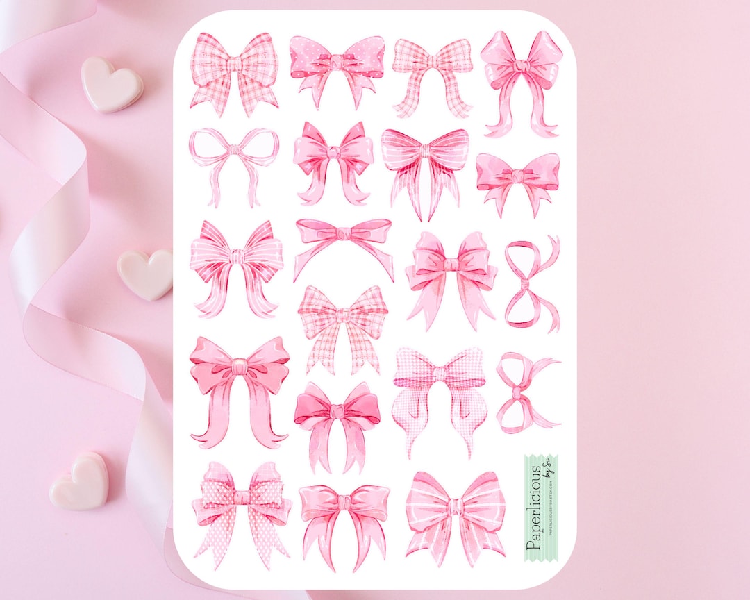 Watercolor Pink Bow Sticker Sheet, Bow Stickers, Aesthetic Stickers ...