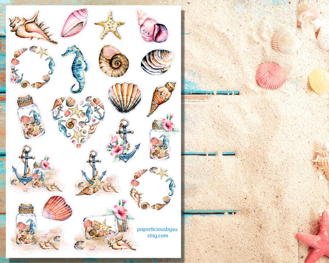 Watercolor Seashell Sticker Sheet, Summer Sticker, Beach, Sea Shell ...