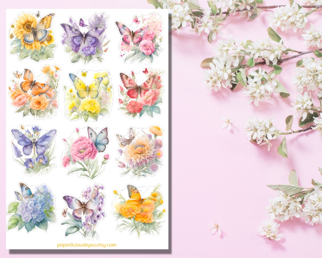 Butterfly Sticker Sheet, Floral Butterfly Stickers, Flower, Botanical ...