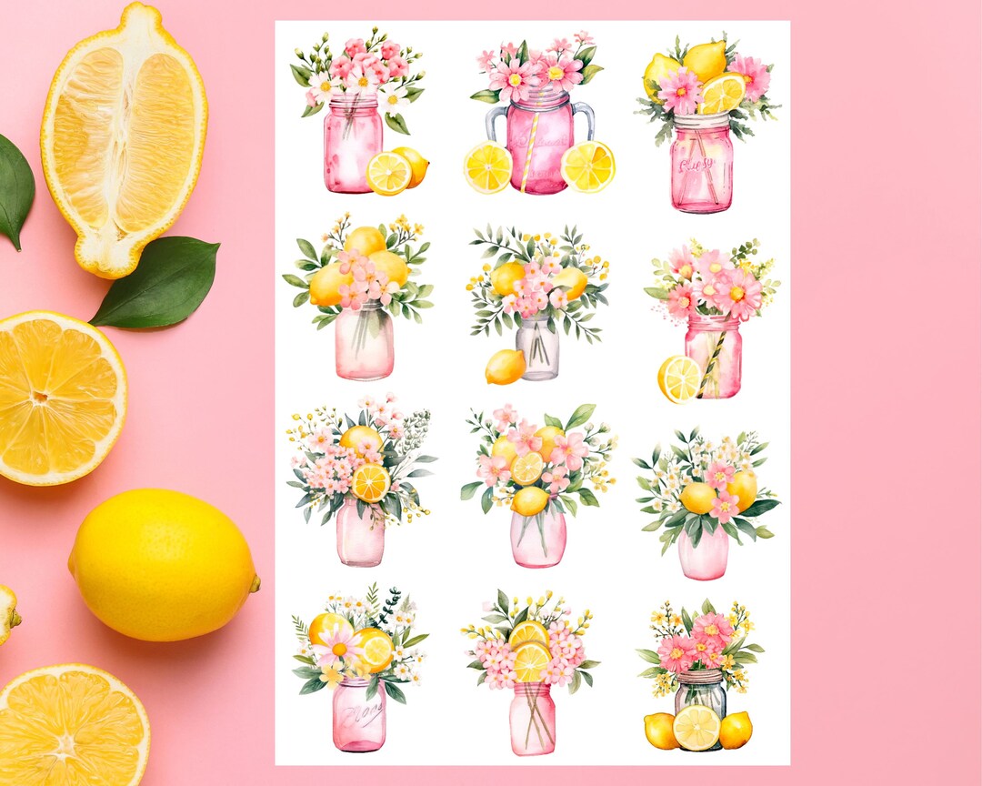 Floral Lemon Jar Sticker Sheet, Lemon Stickers, Mason Jar, Flower ...