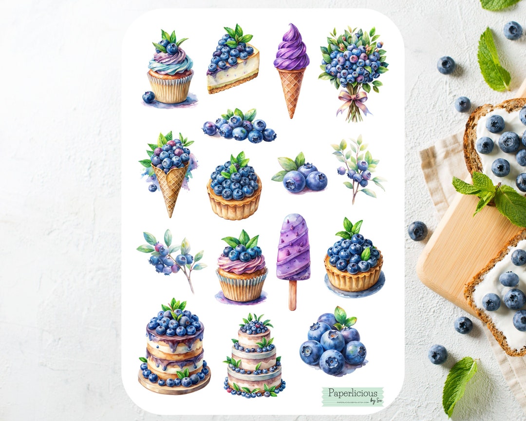 Blueberry Treat Sticker Sheet, Berry Stickers, Berries, Dessert, Pie ...