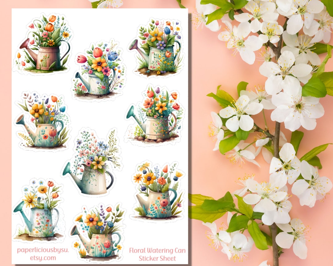 Floral Watering Can Sticker Sheet, Floral Stickers, Gardening, Spring ...