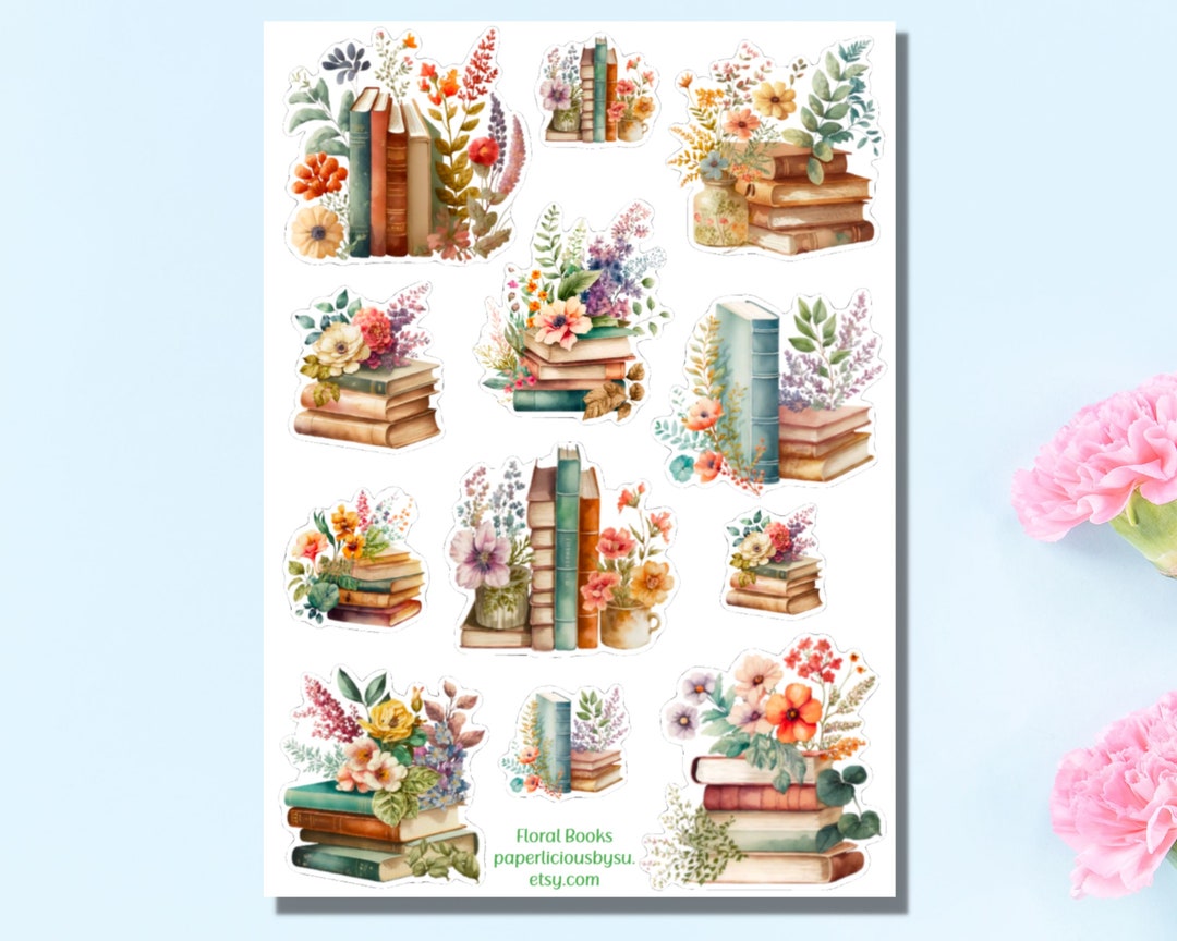 Floral Book Sticker Sheet, Book Stickers, Flower Stickers, Bookworm ...