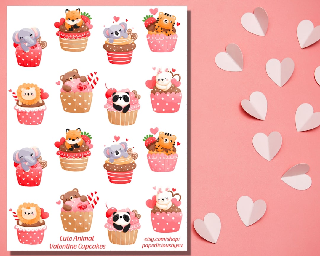 Cute Animal Valentine's Day Cupcake Sticker Sheet, Cute Animal Sticker ...
