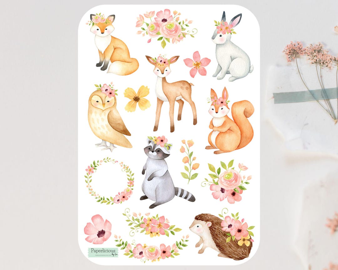 Floral Forest Animal Sticker Sheet, Forest Stickers, Woodland Animals ...
