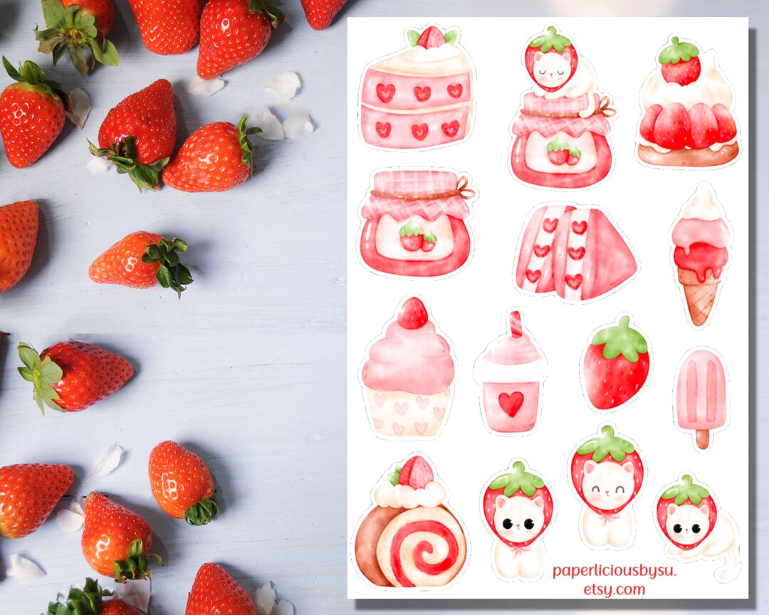 Strawberry Dessert Sticker Sheet, Strawberry Stickers, Cake, Jam ...