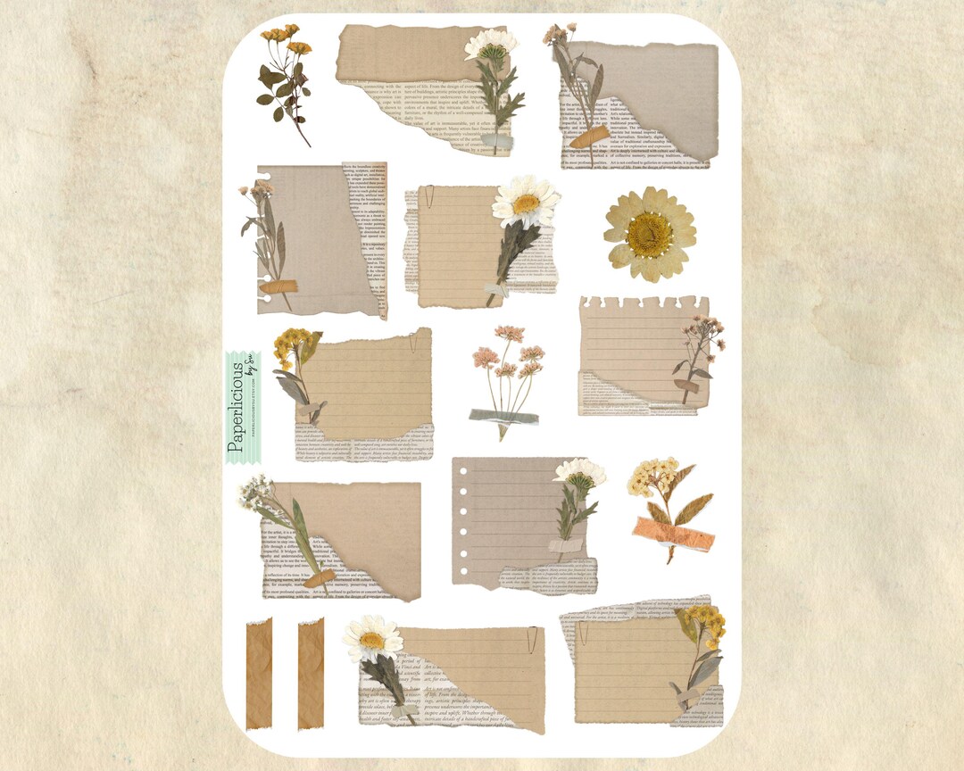 Vintage Floral Torn Paper Stickers, Aesthetic Journal Stickers, Pressed ...