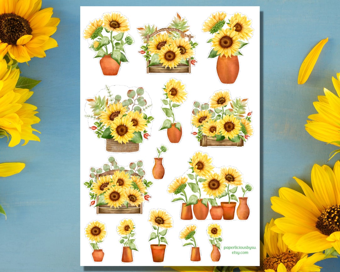 Sunflower Sticker Sheet, Sunflower Stickers, Flower, Bouquet, Aesthetic ...