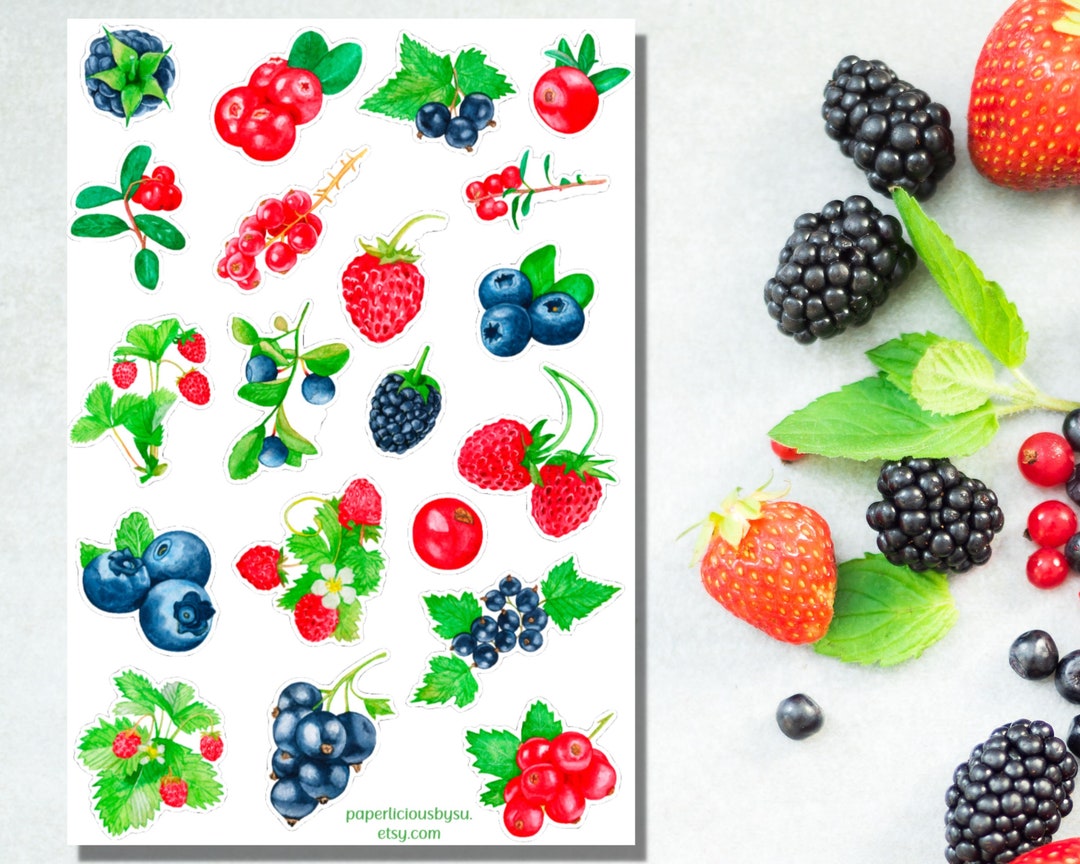 Watercolor Wild Berries Sticker Sheet, Strawberry, Blueberry, Fruit ...