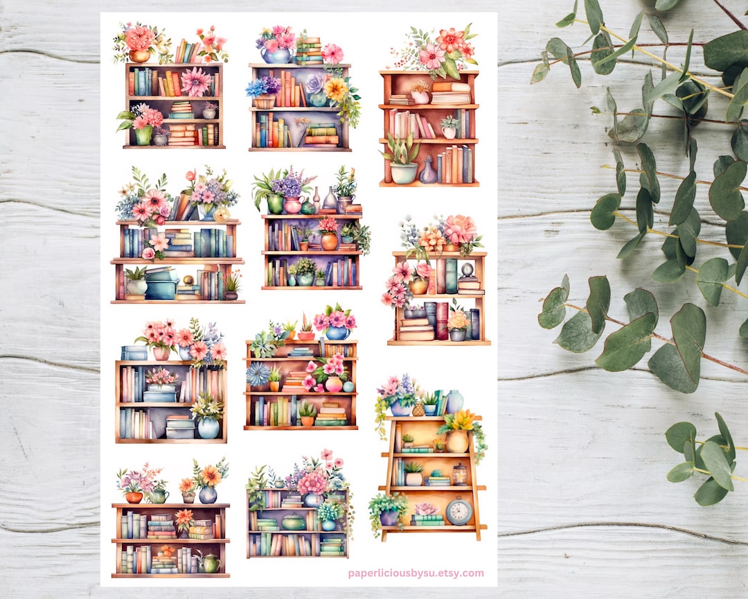 Floral Bookshelf Sticker Sheet, Book Stickers, Flower Stickers ...