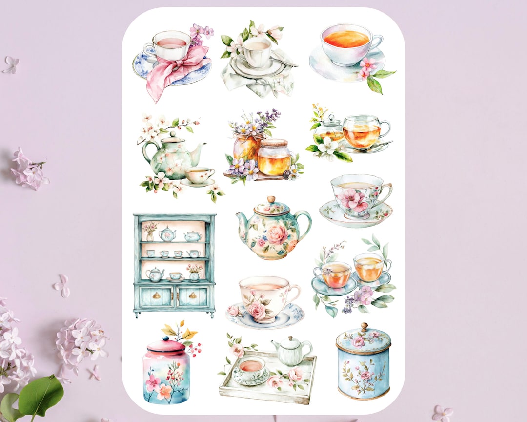Feuille d'autocollants florale pour l'heure du thé, autocollants pour ...