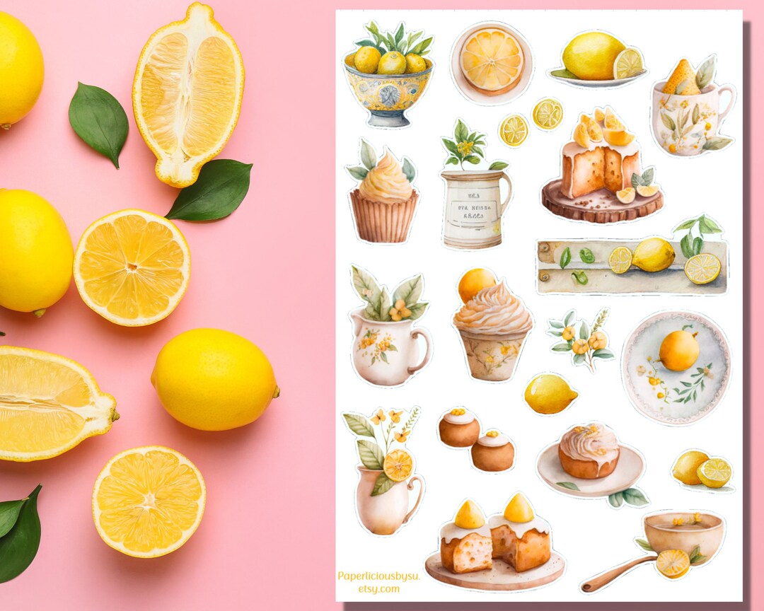 Watercolor Lemon Treat Sticker Sheet, Lemon Stickers, Lemon Dessert ...
