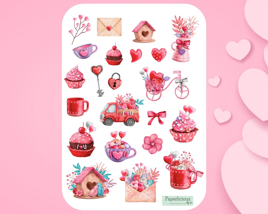 Valentine's Day Sticker Sheet, Cute Valentine Stickers, Heart Stickers ...