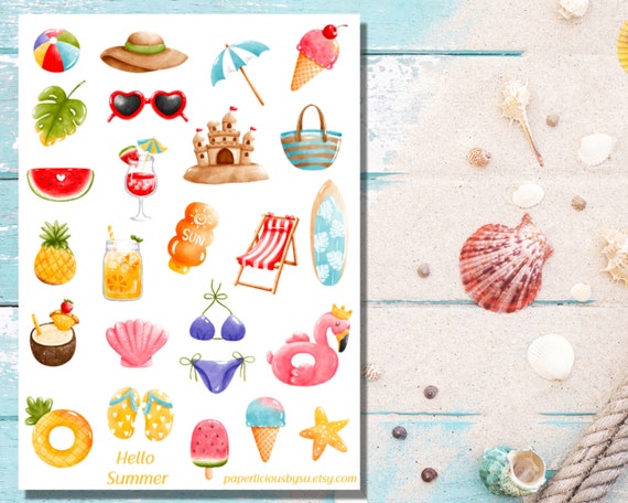 Hello Summer Sticker Sheet Cute Summer Sticker Beach Sun - Etsy