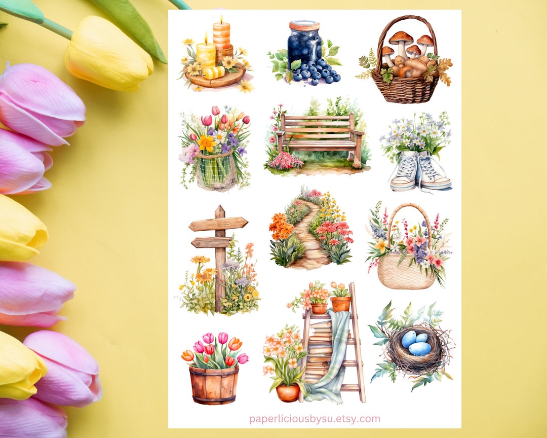Floral Spring Garden Sticker Sheet, Spring Stickers, Floral Stickers ...