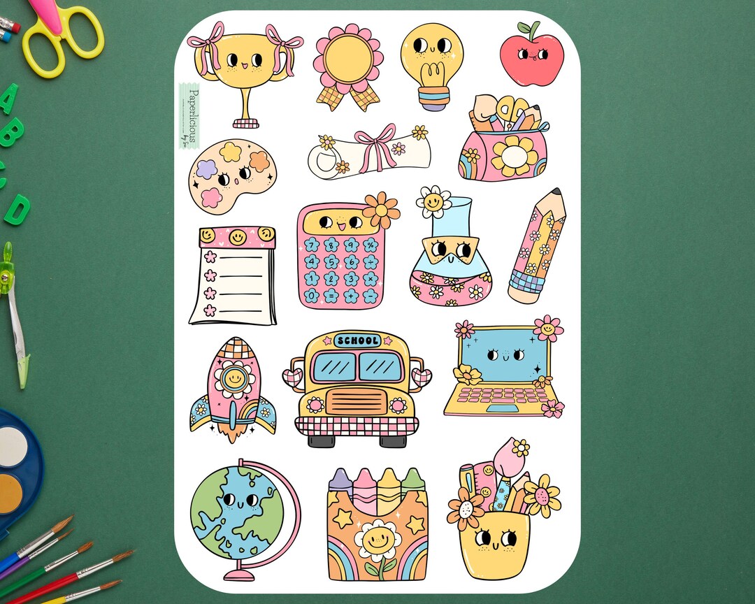 Retro Back to School Stickers – Cute Teacher Sticker Sheet, Kawaii ...