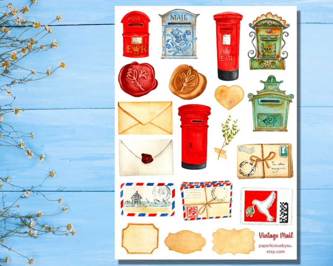 Vintage Mail Sticker Sheet, Watercolor Mailbox, Snail Mail Sticker ...