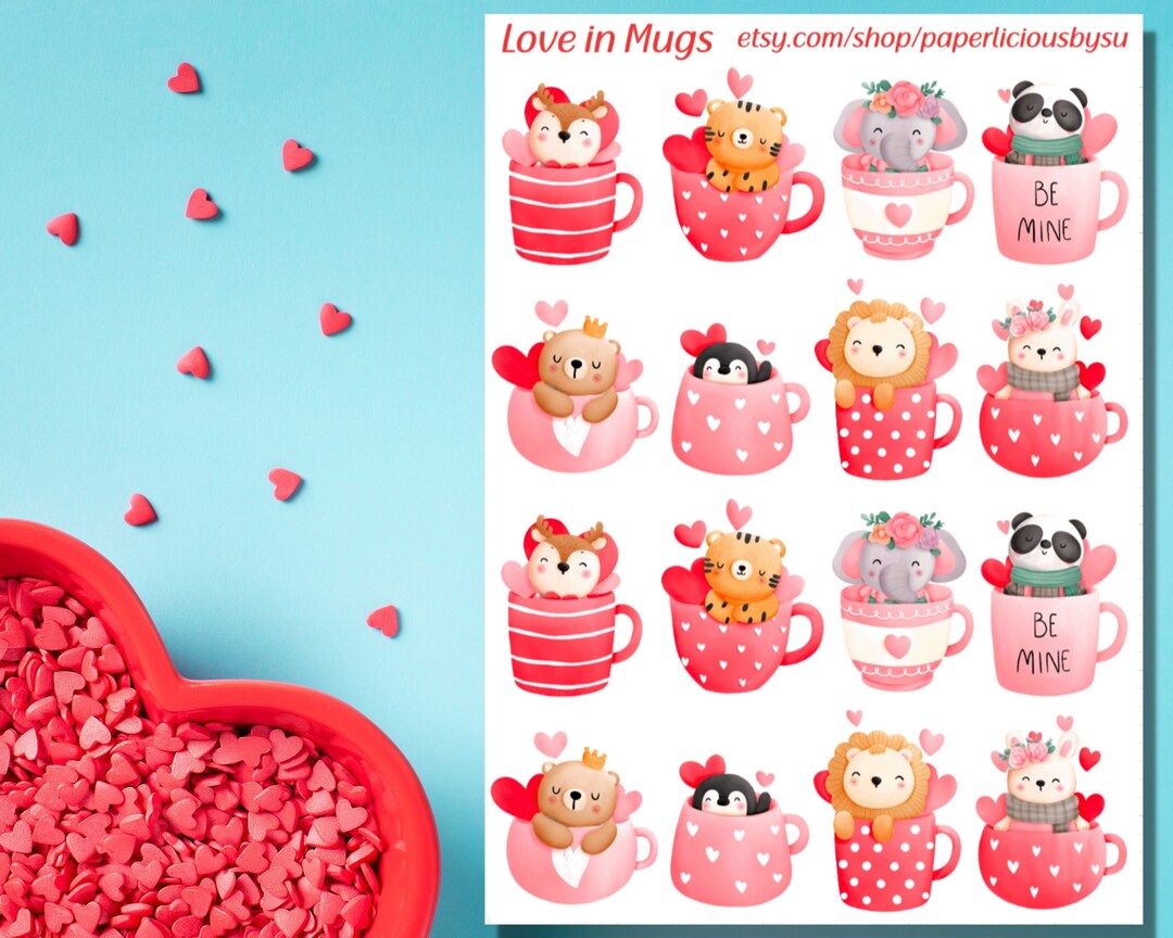 Cute Animal in Mugs Valentine's Day Sticker Sheet, Animal Stickers ...