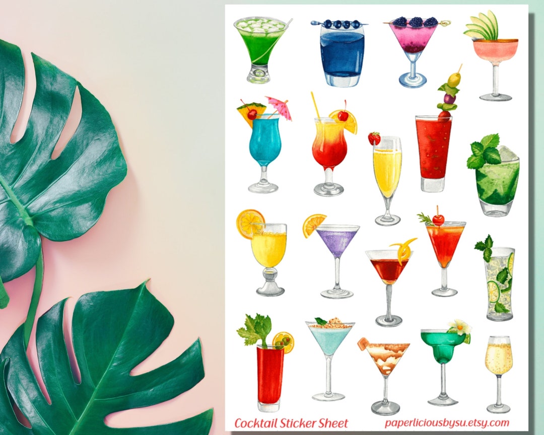 Cocktail Sticker Sheet, Cocktail Sticker, Tropical Drinks, Happy Hour ...
