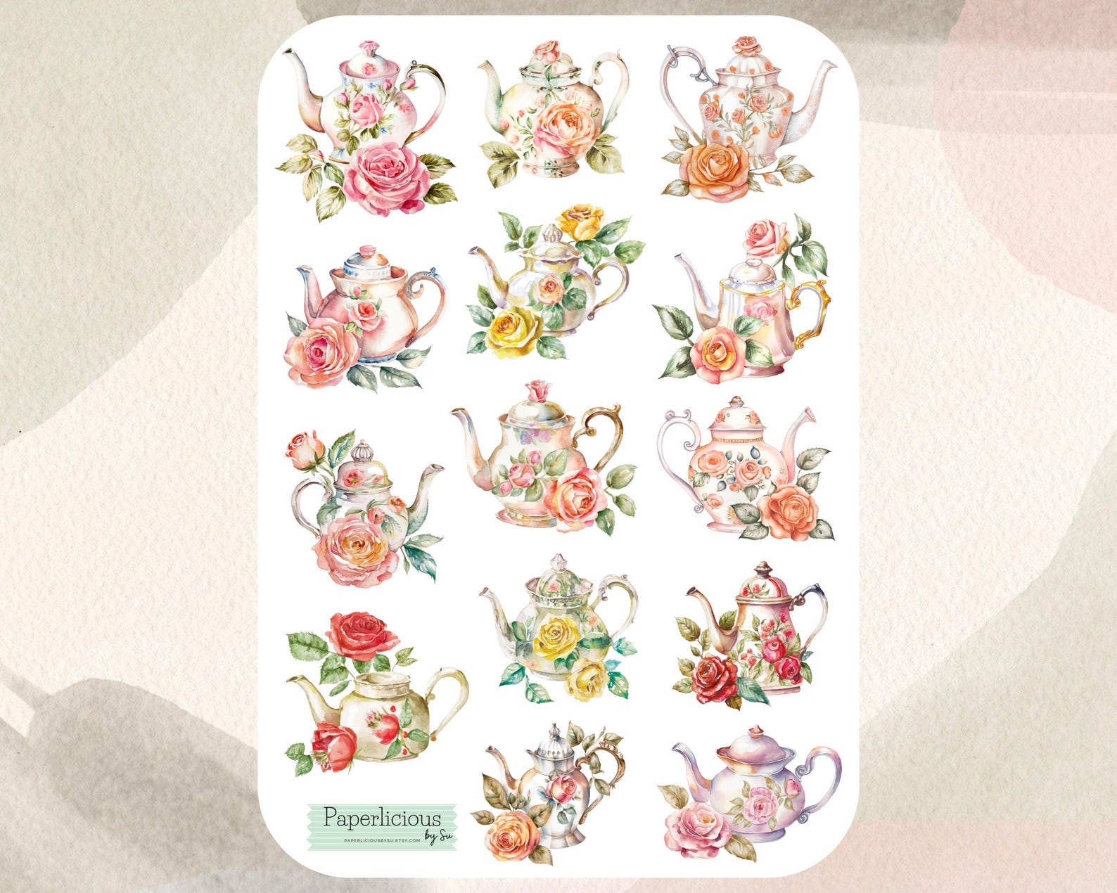 Vintage Rose Teapot Sticker Sheet, Tea Stickers, English Tea, Afternoon ...