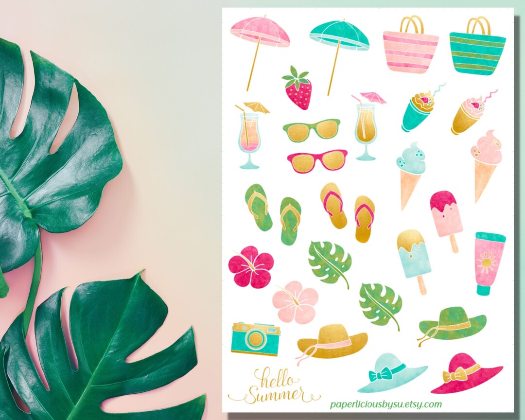 Hello Summer Sticker Sheet, Summer Sticker, Beach, Sun Hat, Beach Life ...