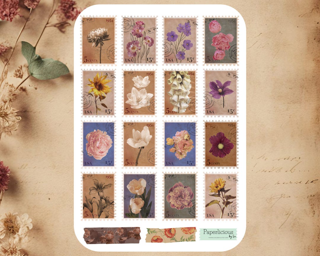 Vintage Floral Stamp Sticker Sheet, Flower Stickers, Vintage Stamps ...