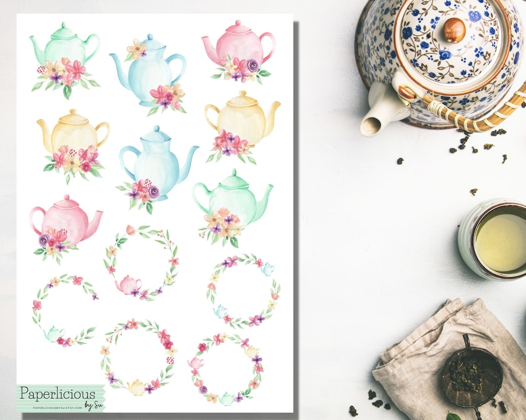 Watercolor Teapot & Wreath Sticker Sheet, Teapot Stickers, Teatime ...