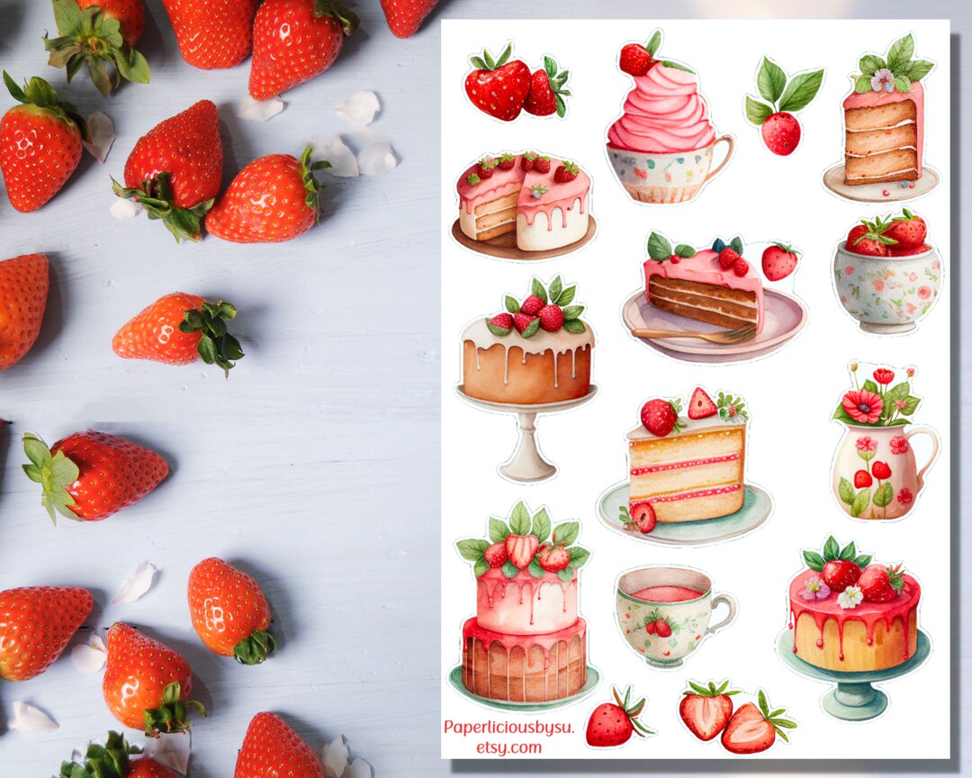 Strawberry Cake Sticker Sheet, Strawberry Stickers, Dessert, Foodie ...