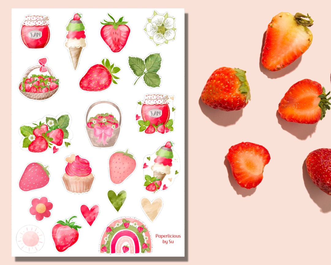 Strawberry Sticker Sheet, Strawberry Stickers, Berry Sweet, Strawberry ...