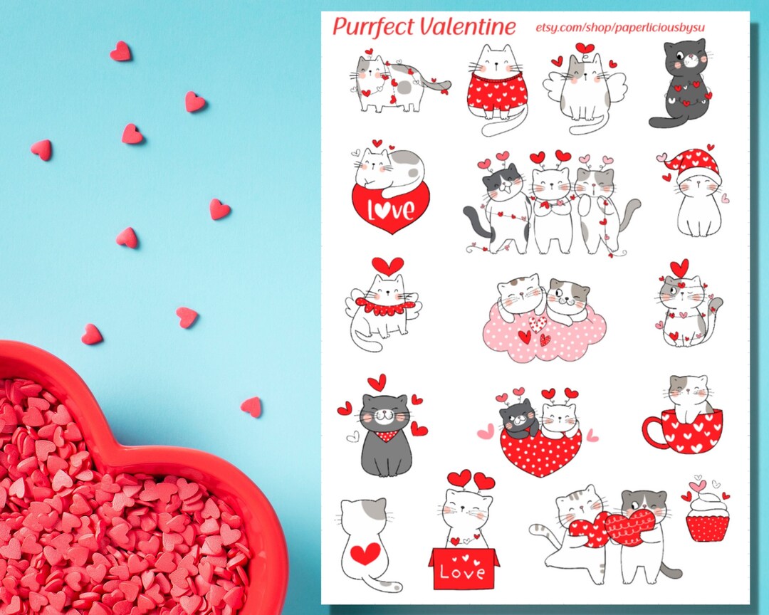 Cute Cat Valentine's Day Sticker Sheet, Valentine's Day Sticker, Cat ...