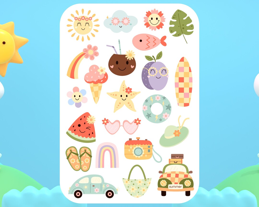Cute Summer Sticker Sheet, Vacation, Beach, Holiday, Tropical, Summer ...
