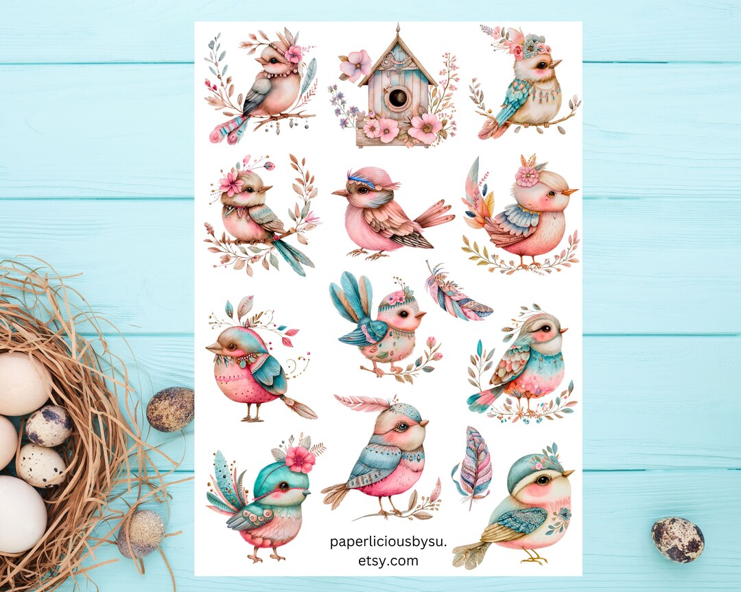 Boho Bird Sticker Sheet, Bird Stickers, Bird Lover, Floral Stickers ...