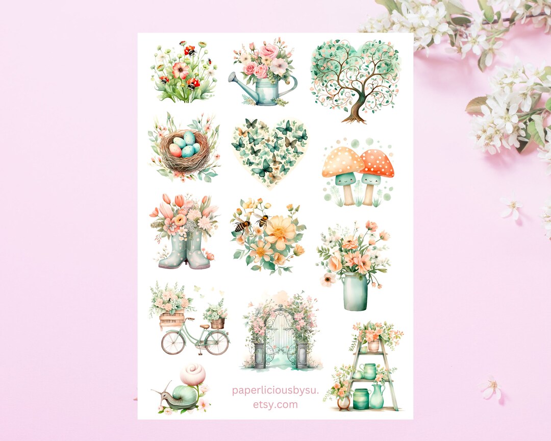 Lovely Spring Sticker Sheet, Spring Sticker, Floral Stickers, Plants ...