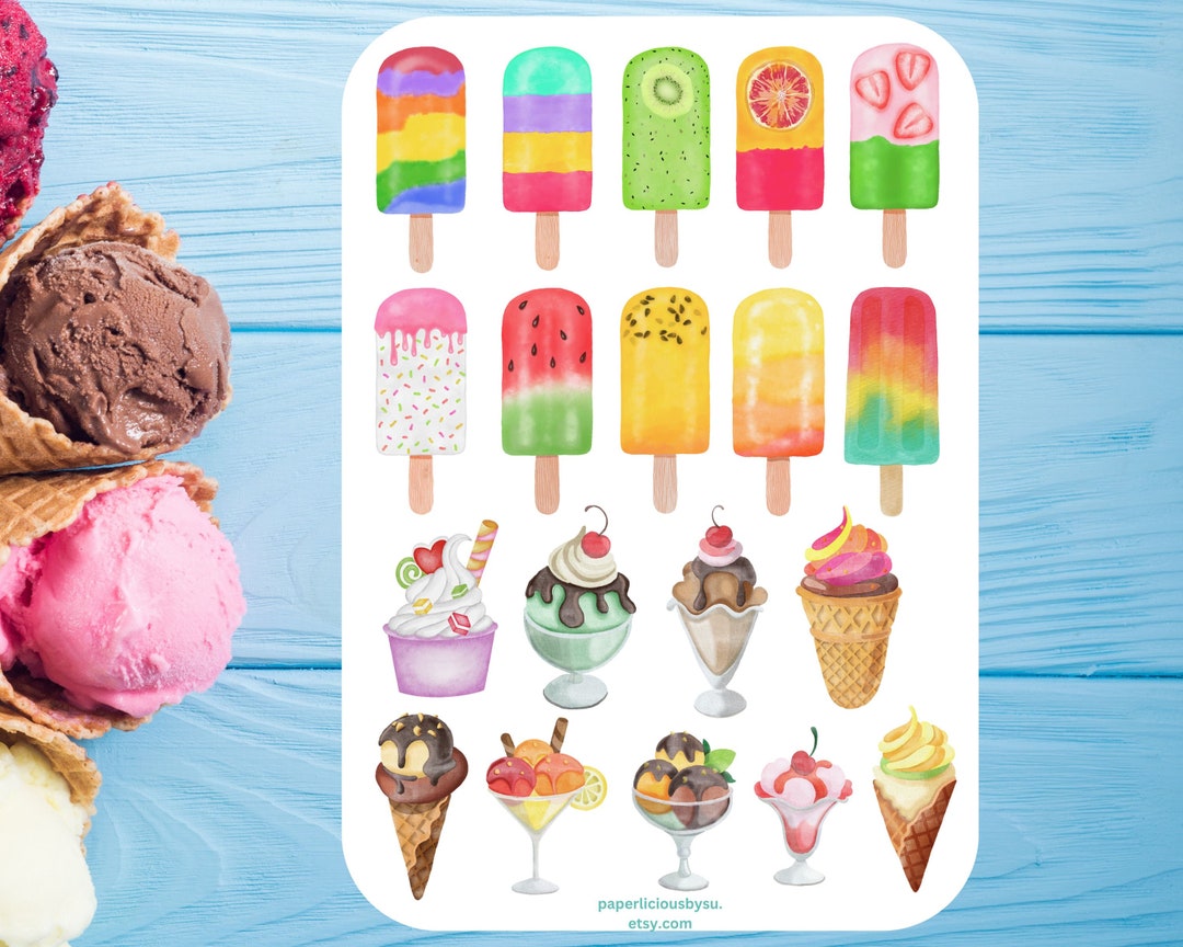 Watercolor Ice Cream Sticker Sheet, Ice Cream Stickers, Popsicle ...
