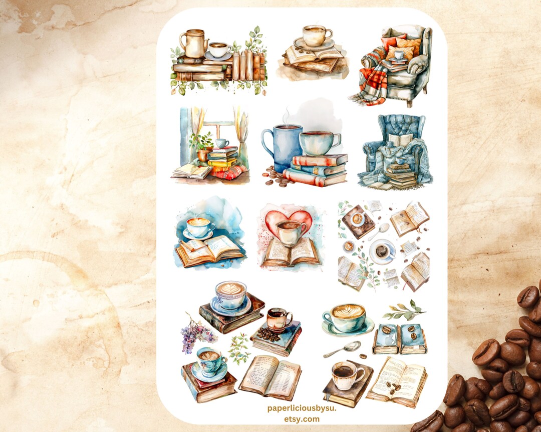 Book Coffee Sticker Sheet, Bookworm, Book Lover, Coffee Lover, Reading ...