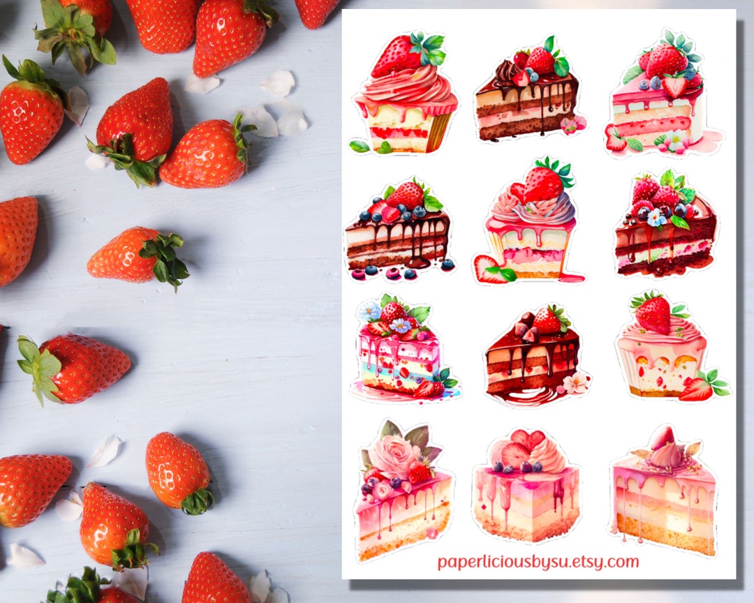 Strawberry Cake Sticker Sheet, Strawberry Stickers, Dessert, Foodie ...